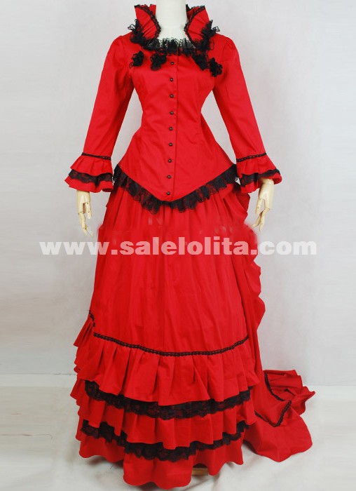 2018 Elegant Red Long Sleeves Lace Renaissance Dress Women's 19th ...