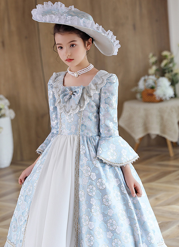 Girls Floral Blue Party Dresses Children Birthday Ball Gown