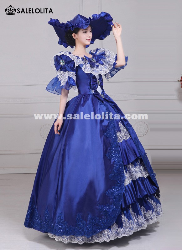 Women Elegance Blue Embroidery Marie Antoinette Rococo Party Dresses