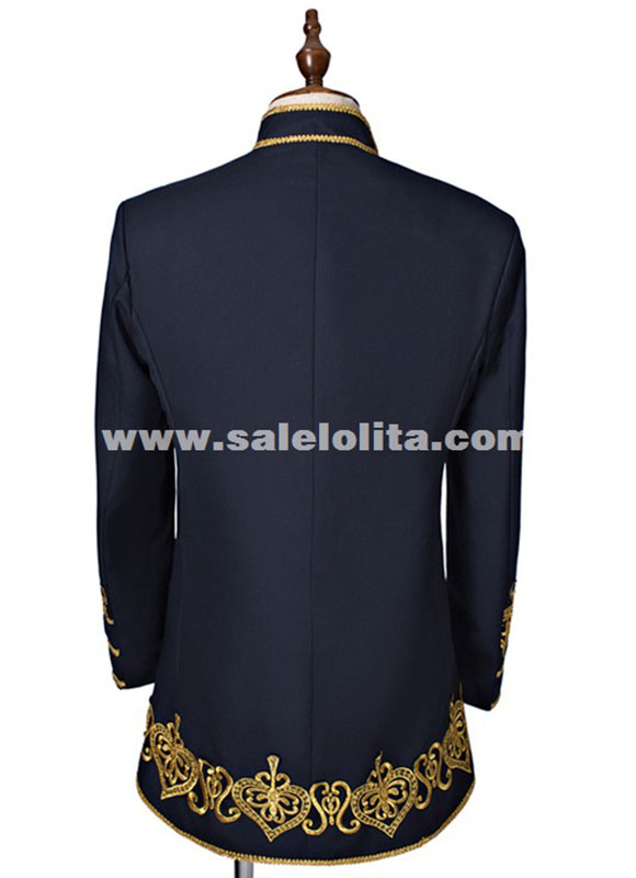 Men Black Baroque Costume Overcoat Embroidered Court Uniform Cloth Costume