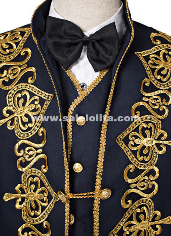 Men Black Baroque Costume Overcoat Embroidered Court Uniform Cloth Costume